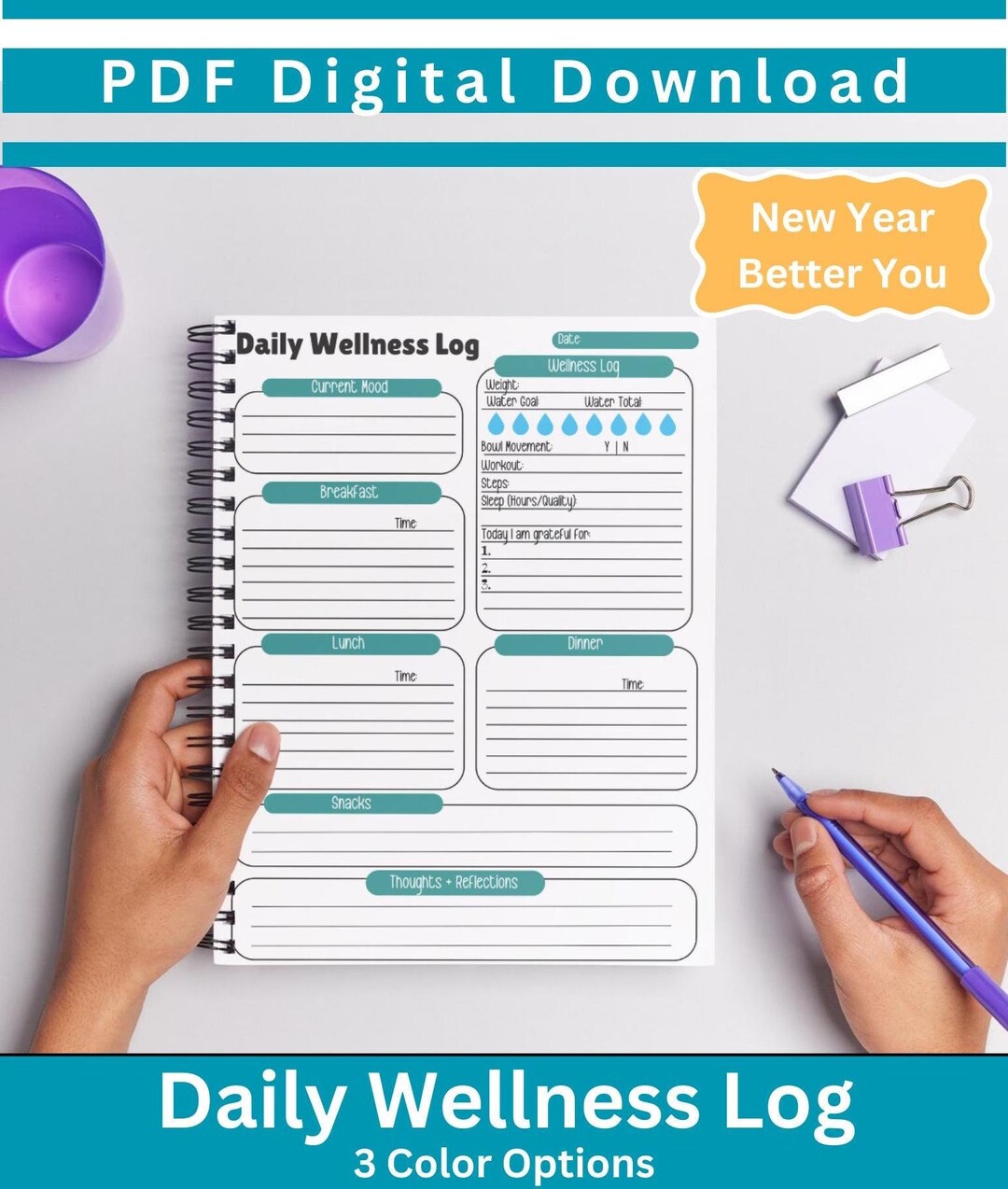 Daily Wellness Log - Digital Download | Track Food, Exercise, Sleep ...