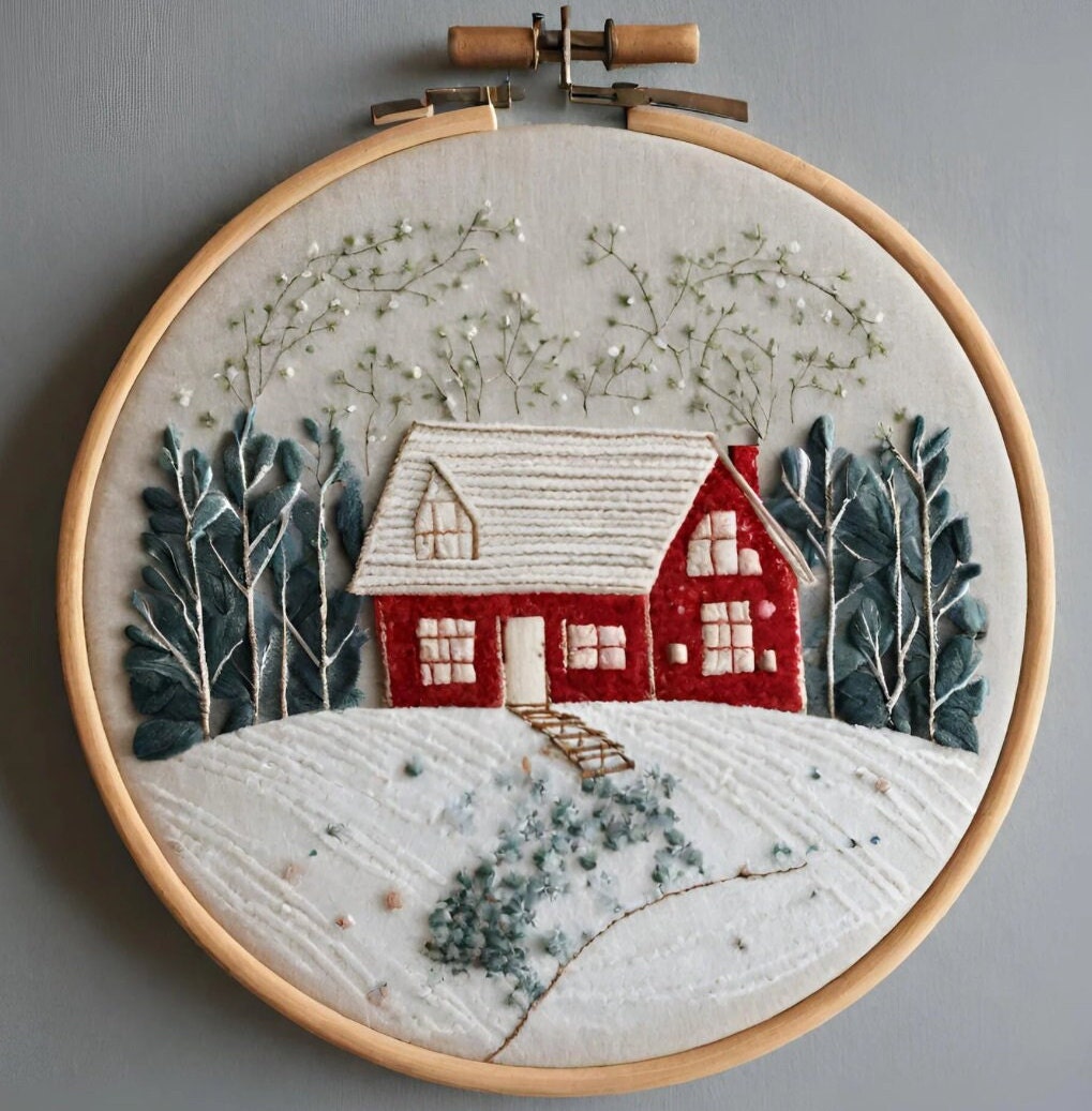 House on a Hill Winter Edition, Embroidery Pattern | Downloadable File ...