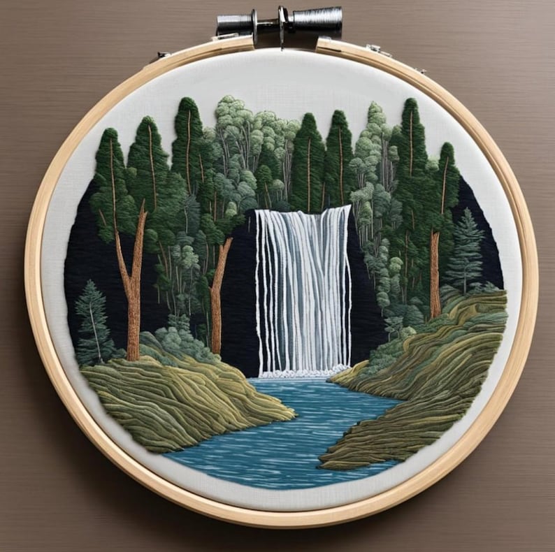Waterfall and Forest View, Water Flowing and Trees Embroidery Pattern ...