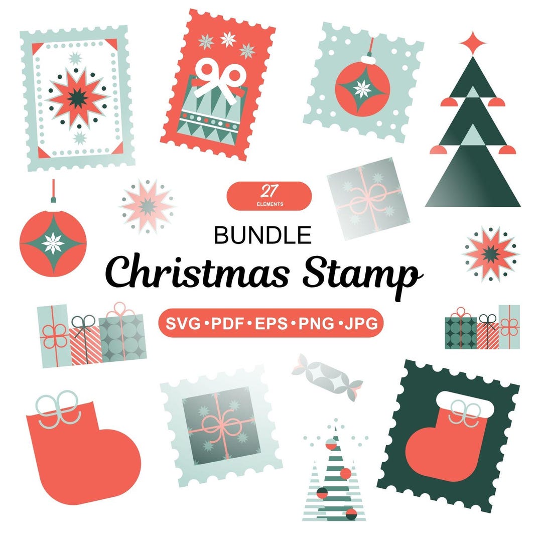 Christmas Stamps Clipart, Holiday Postal Bundle, Festive Postmark and ...