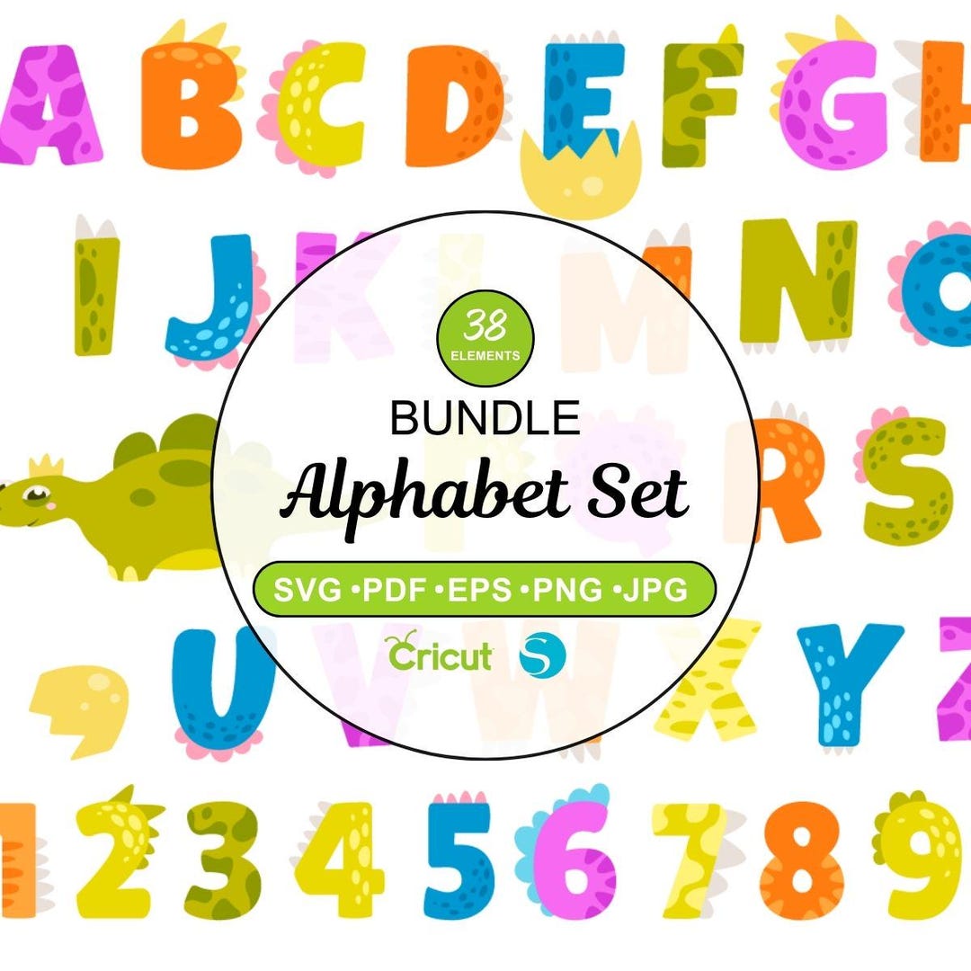 Dinosaur Alphabet Clipart Set, Kids Dino ABC Letters and Numbers, Cute ...