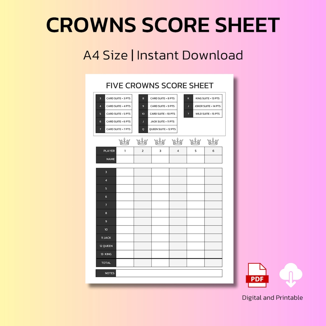 5 Crowns Score Sheet | Printable 5 Crowns Score Card | A4 Size Digital ...