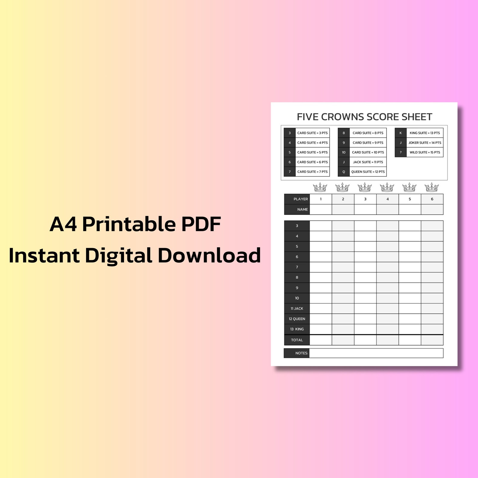 5 Crowns Score Sheet | Printable 5 Crowns Score Card | A4 Size Digital ...