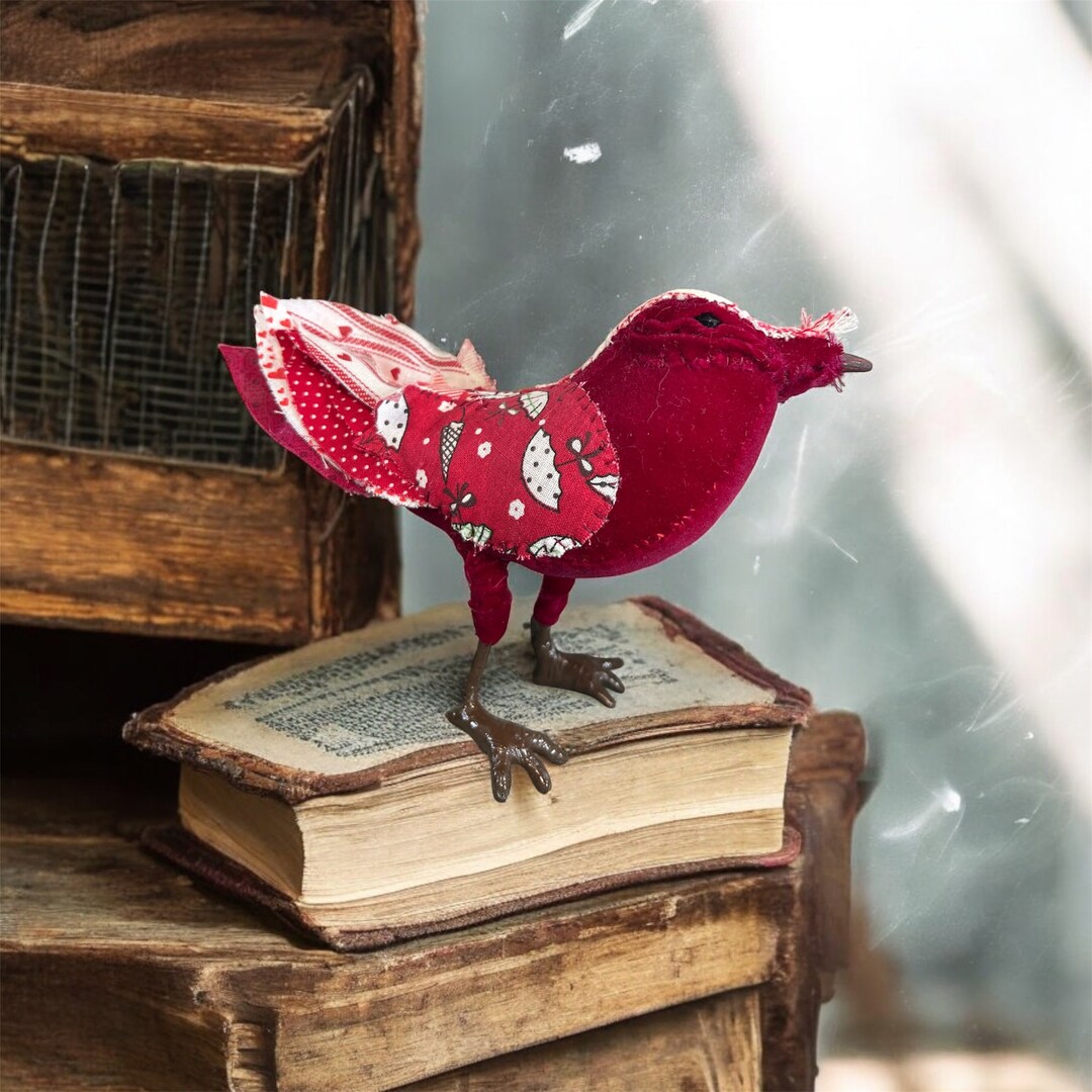 Red Velvet Songbird Fabric Sculpture, Vintage Upcycled Art - Etsy