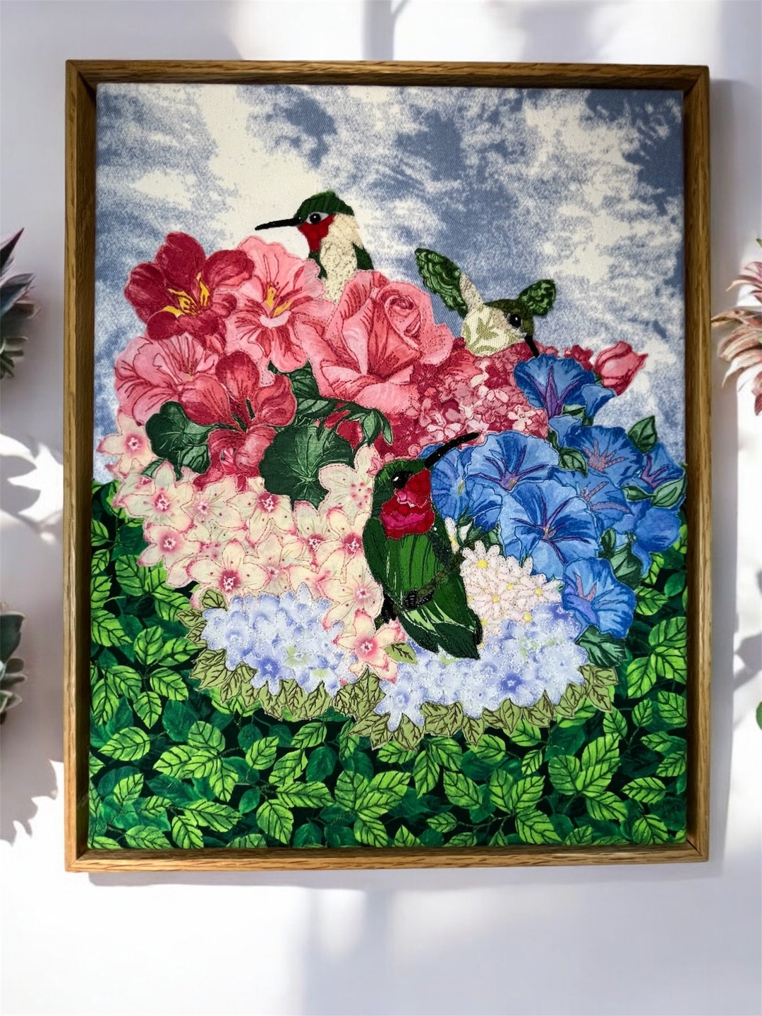 Fabric Collage Painting of Hummingbirds. Stretched on 11x14 Canvas in ...