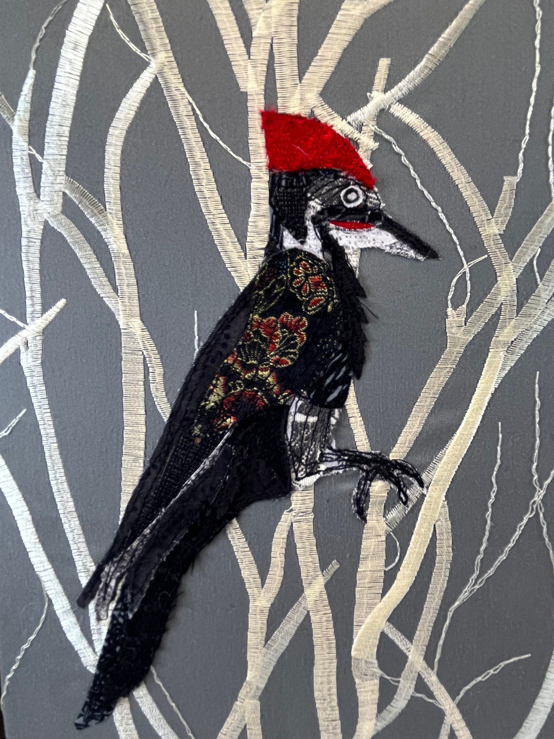 Woodpecker Upcycled Fabric Art Collage W/thread Painting - Etsy