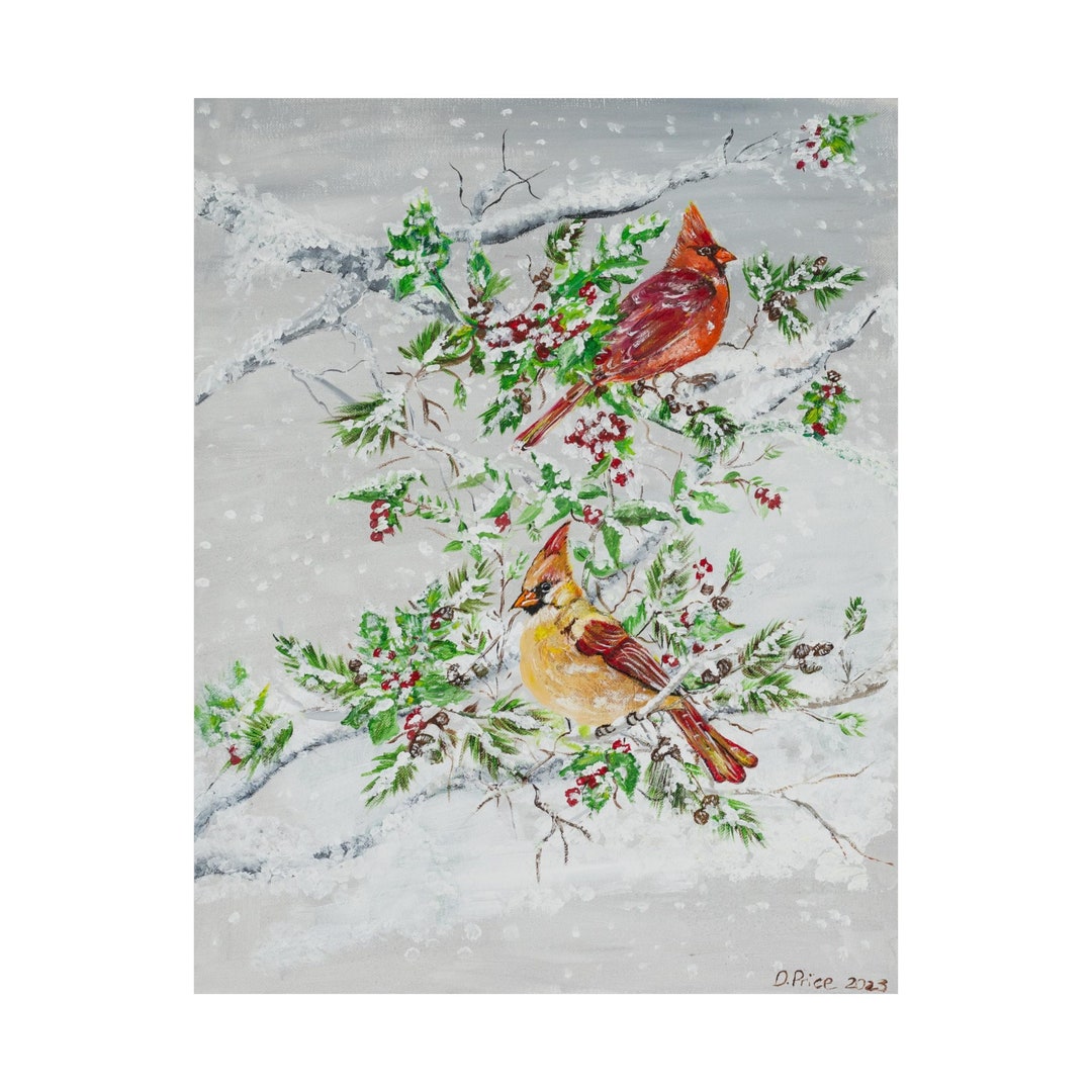 Christmas Cardinals in Holly Branches Print - Etsy