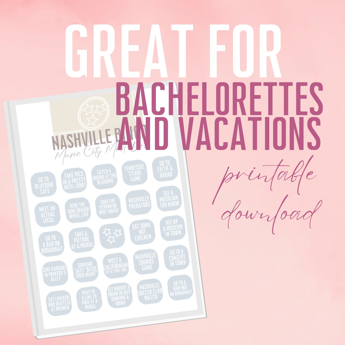 Nashville Travel Bingo for Music City Bachelorette or Vacation Trips ...
