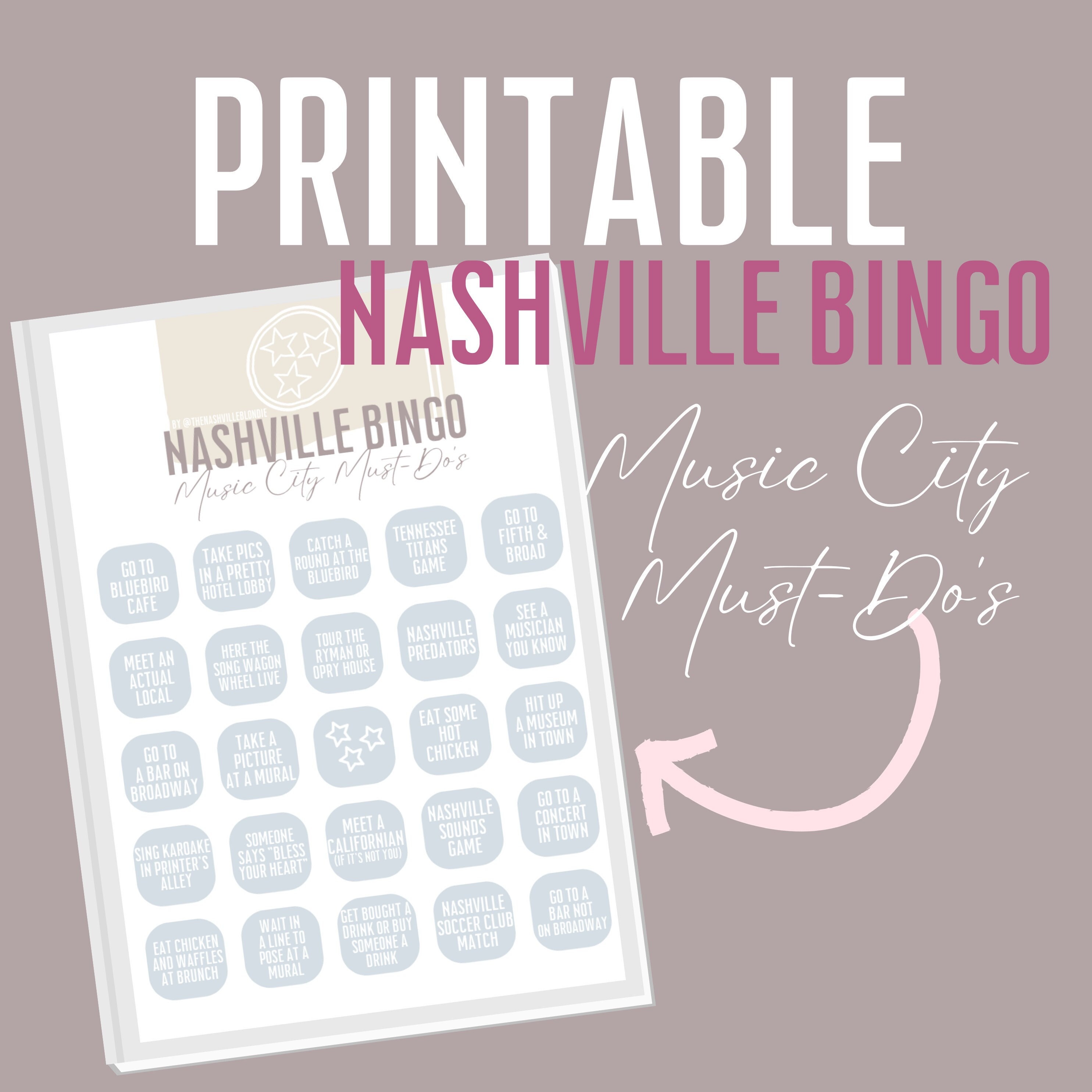 Nashville Travel Bingo for Music City Bachelorette or Vacation Trips ...