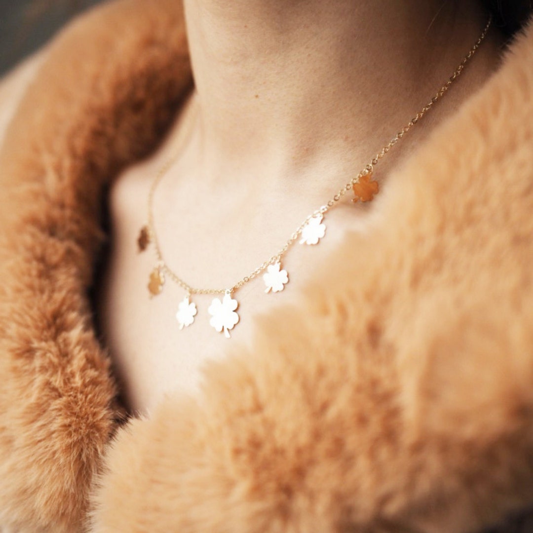 Dangle Multi Clover Necklace, 14k Solid Gold Dangling Multiple Flower ...