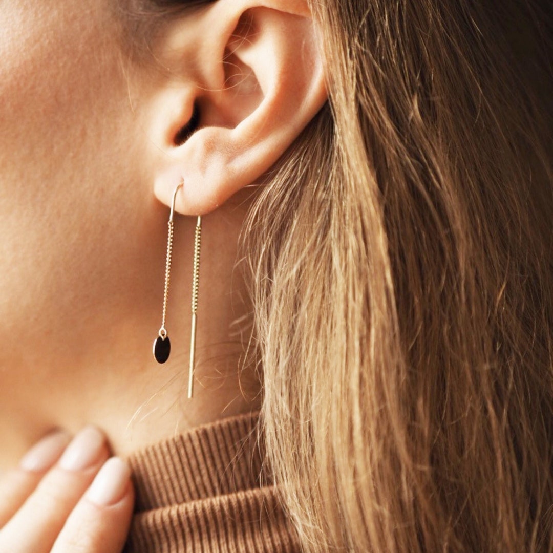 14k Solid Gold Disc Threader Earring, Dainty Dangle Chain Coin Earring ...