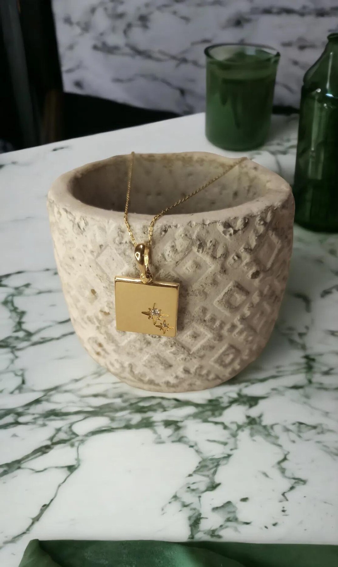 Star Engraved Square Necklace, 14k Solid Gold Starbust Engrave Square ...