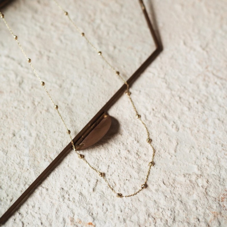 14k Solid Gold Bead Station Necklace, Beaded Satellite Chain Necklace ...