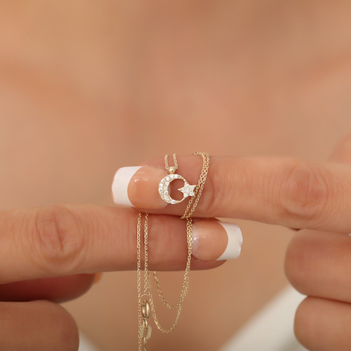 14k Solid Gold Crescent Moon and Star Necklace, Dainty Celestial Moon ...