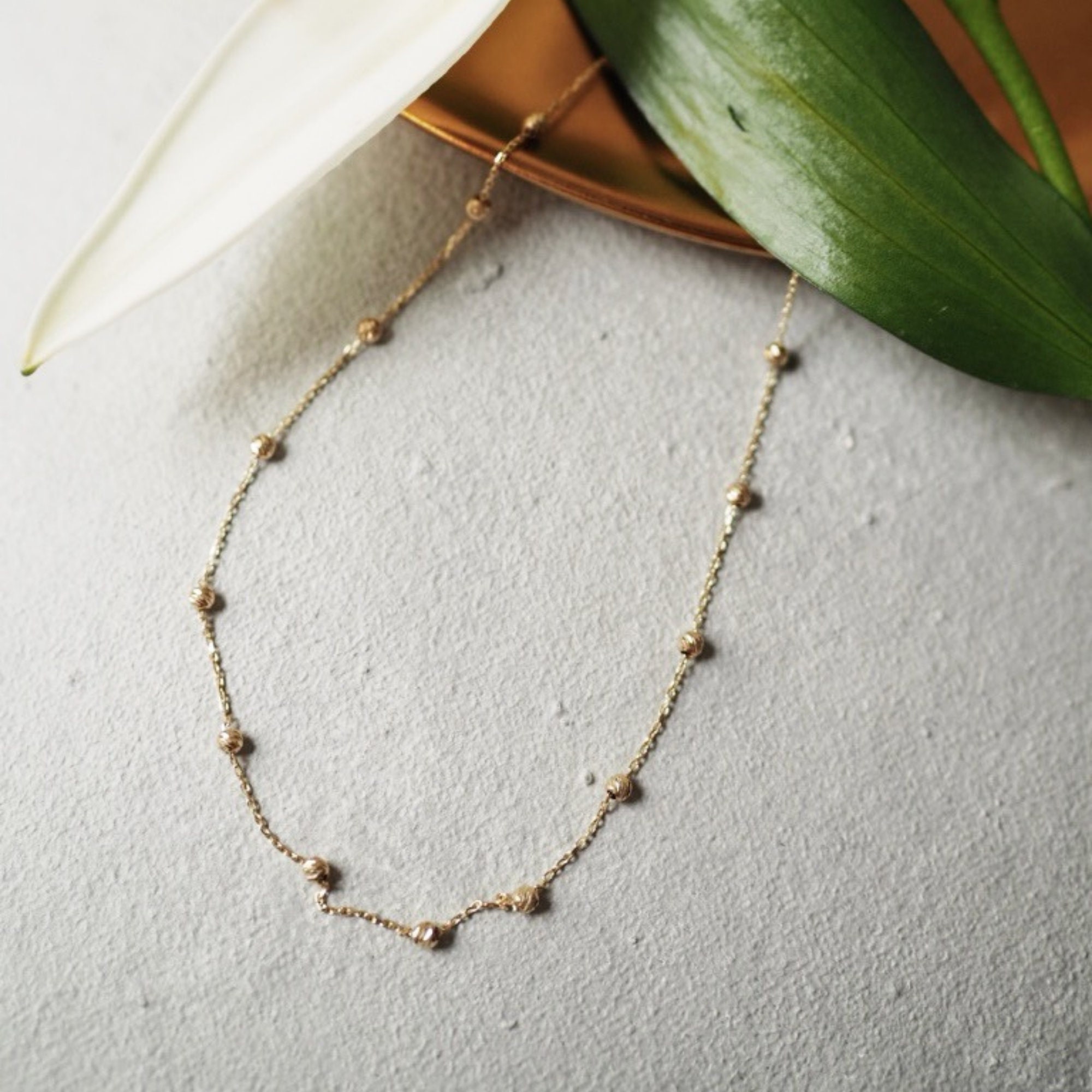 14k Solid Gold Bead Station Necklace, Beaded Satellite Chain Necklace ...