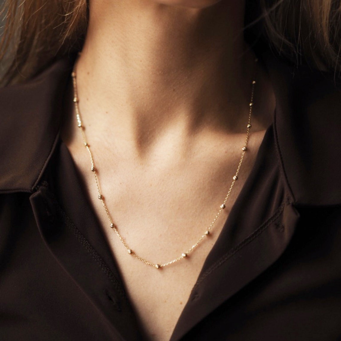 14k Solid Gold Bead Station Necklace, Beaded Satellite Chain Necklace ...