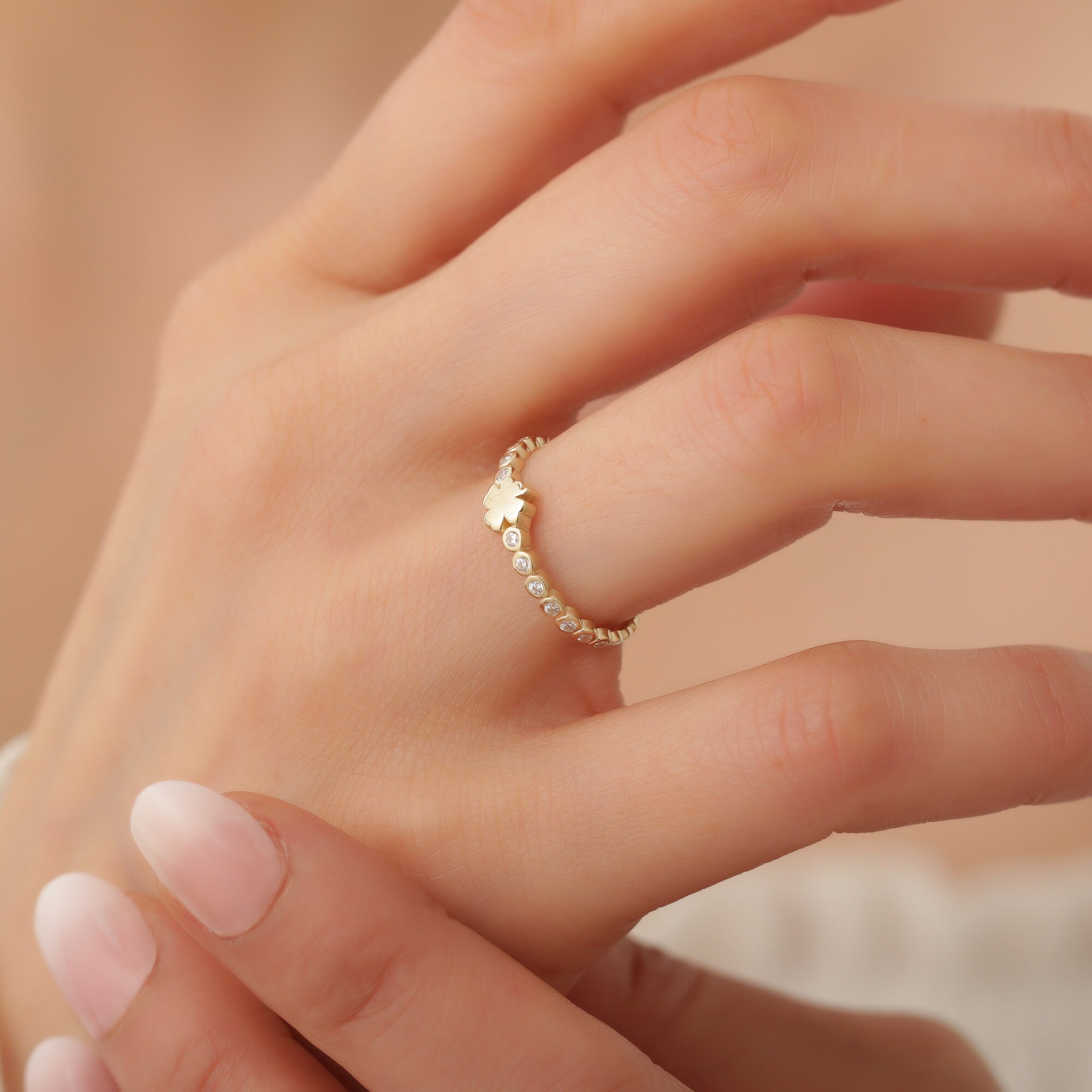 14k Solid Gold Tiny Flower Ring, Dainty Four Leaf Clover Ring With Zircon Stones, Minimalist ...
