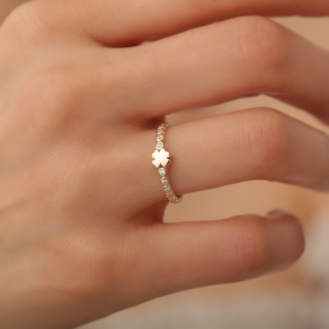 14k Solid Gold Tiny Flower Ring, Dainty Four Leaf Clover Ring With Zircon Stones, Minimalist ...