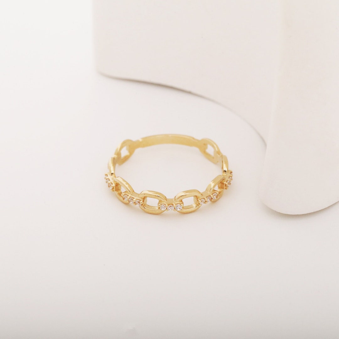 14k Solid Gold Chain Design Ring, Rolo Link Ring, Oval Cable Ring ...