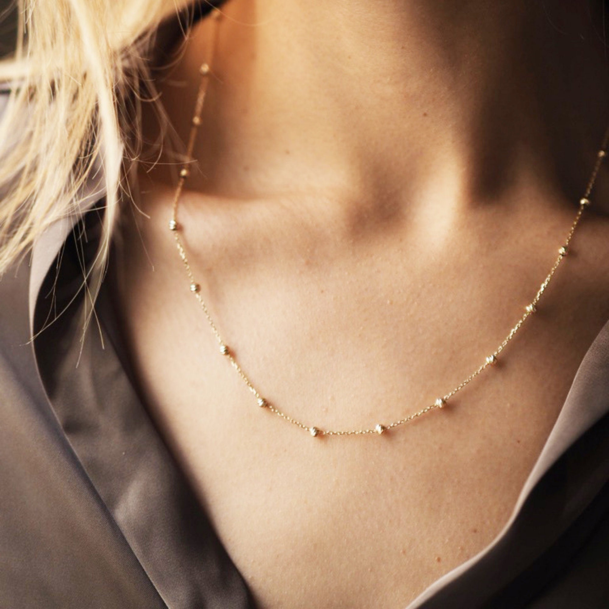 14k Solid Gold Bead Station Necklace, Beaded Satellite Chain Necklace ...