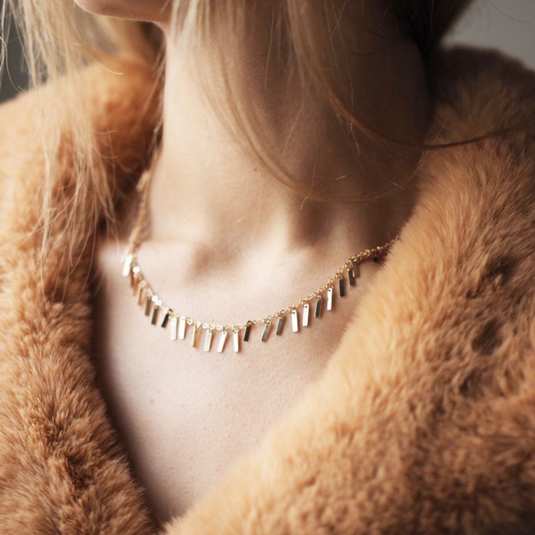 Dangling Multi Tiny Rectangle Bar Necklace, 14k Solid Gold Dangle Mini ...