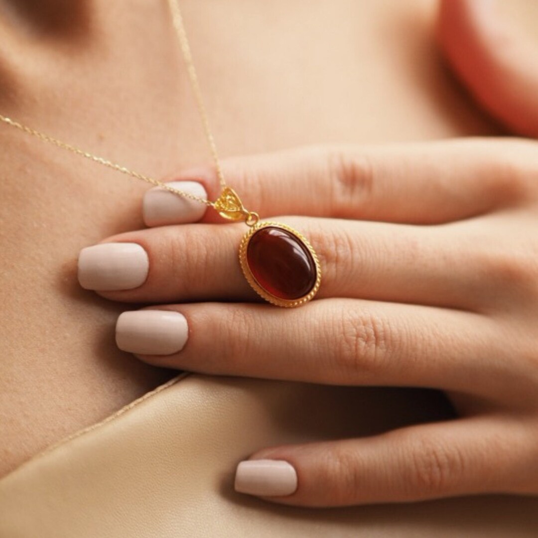 Oval Cut Red Agate Necklace, 14k Solid Gold Agate Charm Necklace ...