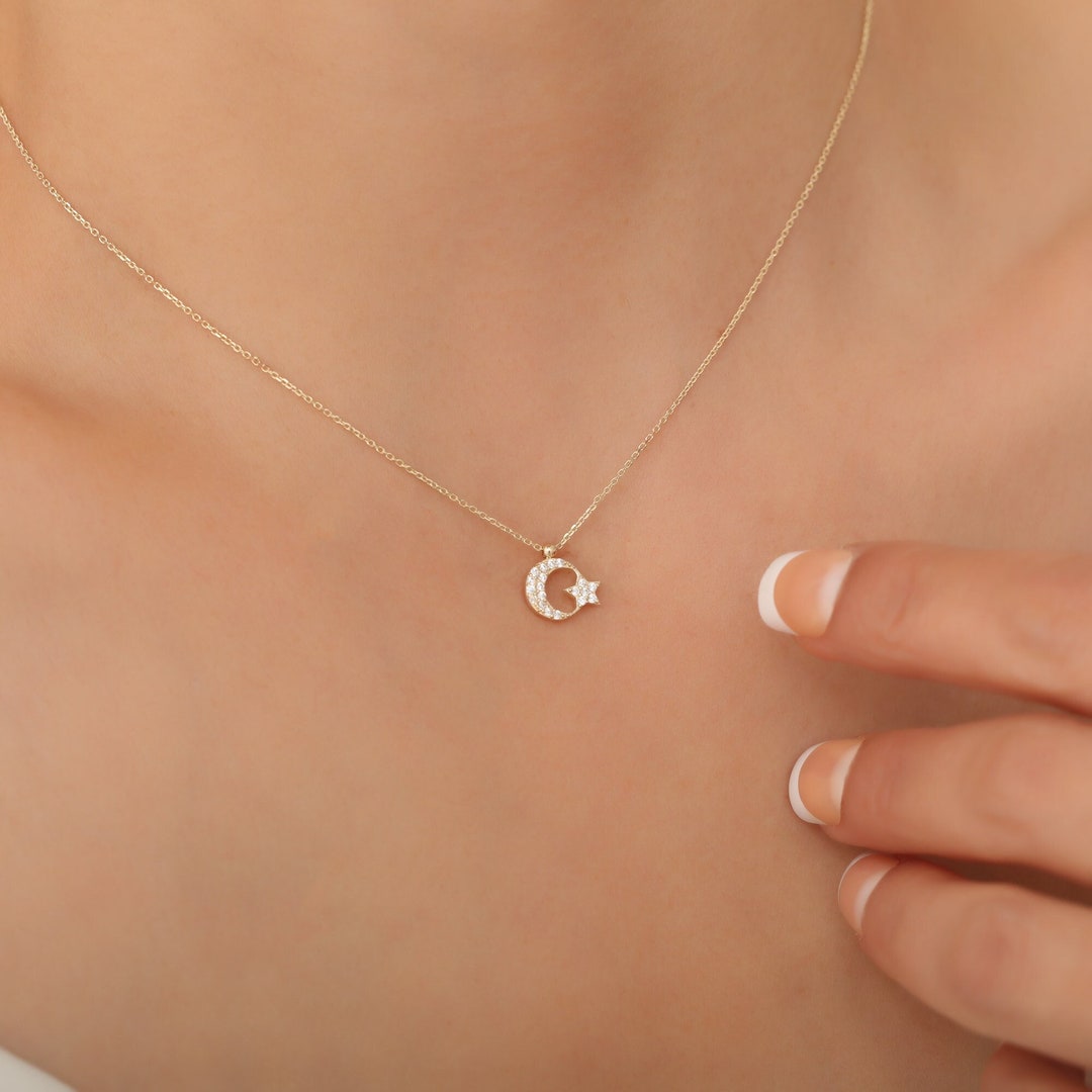 14k Solid Gold Crescent Moon and Star Necklace, Dainty Celestial Moon ...