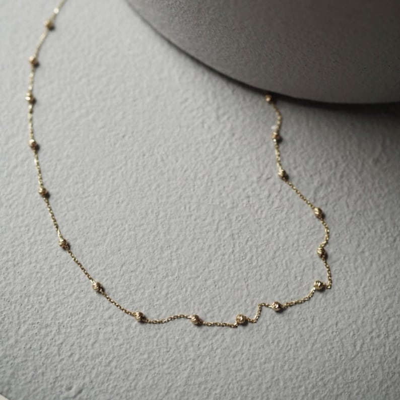 14k Solid Gold Bead Station Necklace, Beaded Satellite Chain Necklace ...
