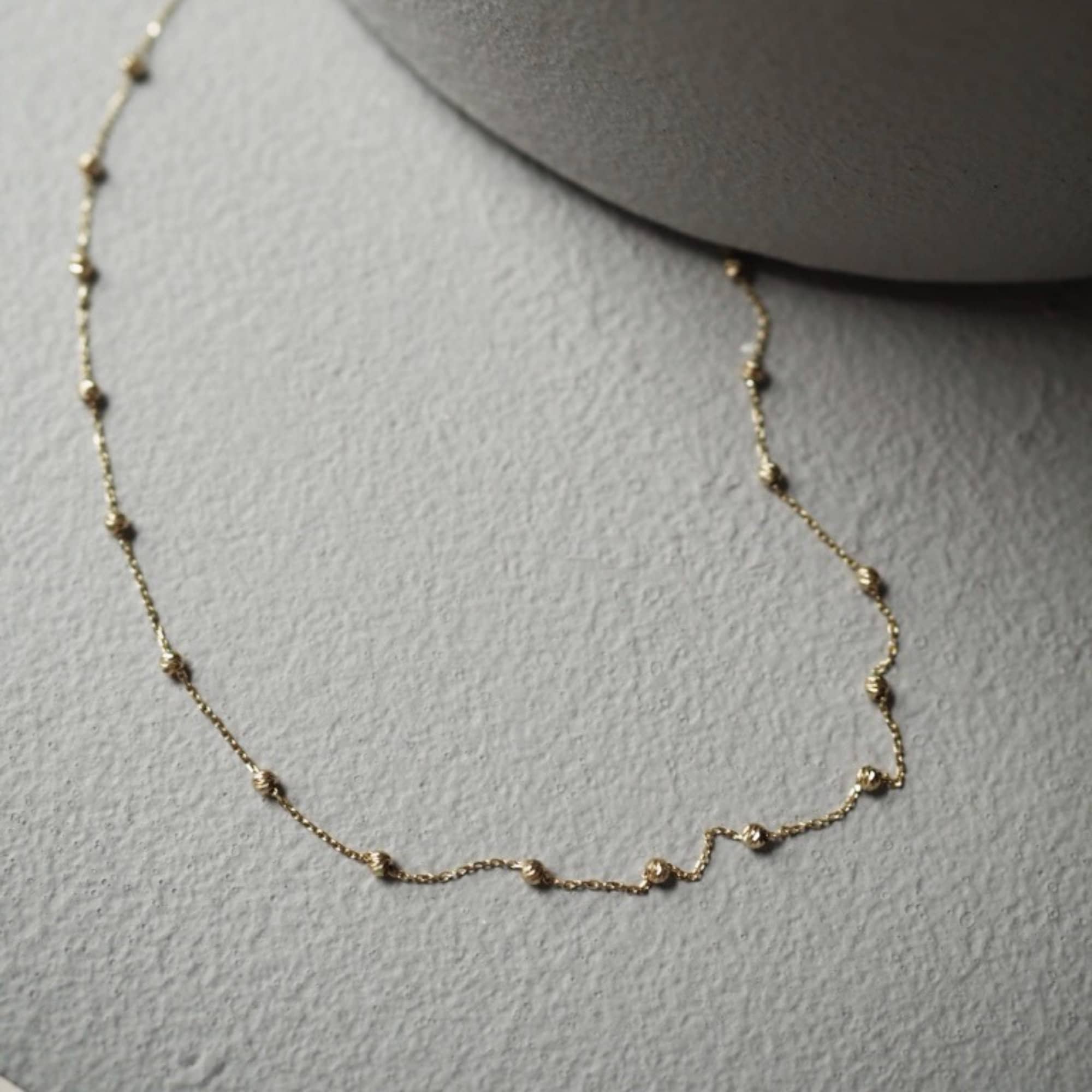 14k Solid Gold Bead Station Necklace, Beaded Satellite Chain Necklace ...