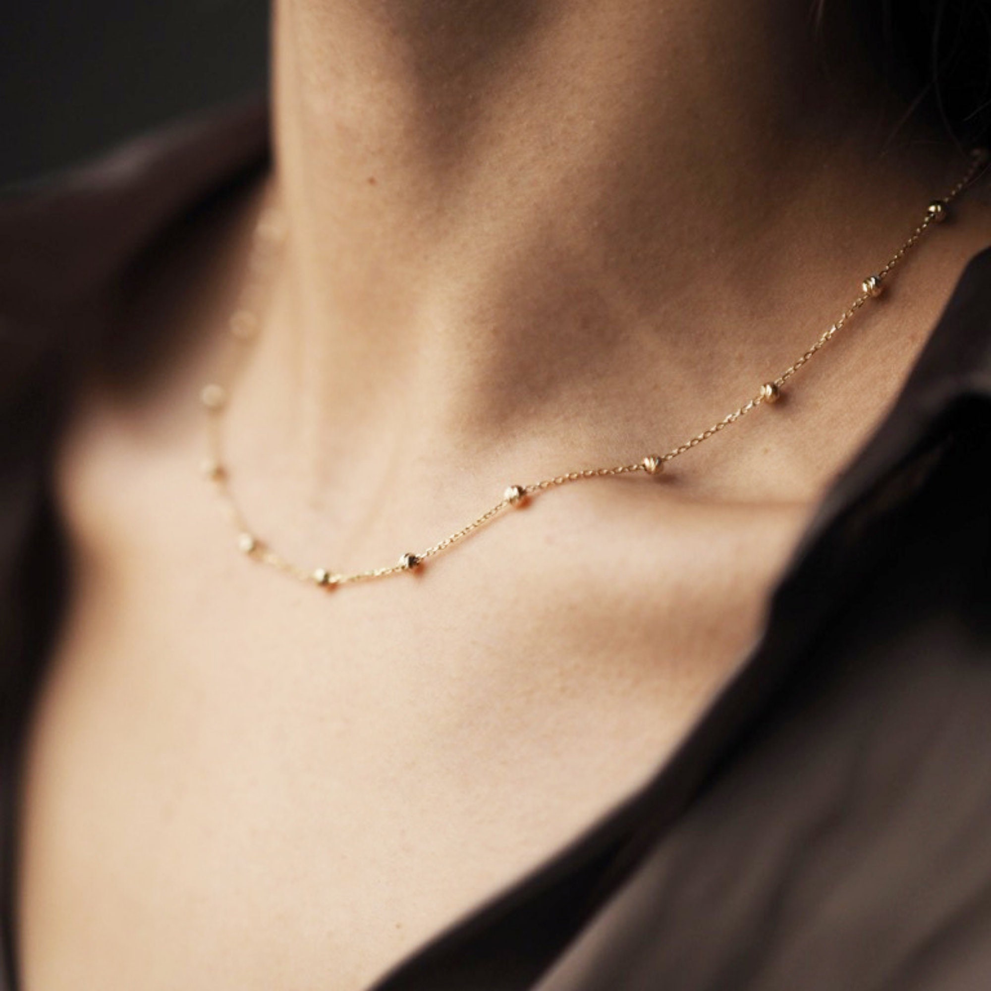 14k Solid Gold Bead Station Necklace, Beaded Satellite Chain Necklace ...