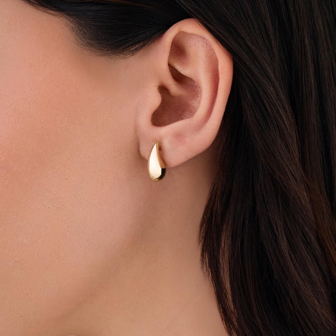 14k Solid Gold Chunky Teardrop Stud Earrings, Trendy Waterdrop Dome Earrings, Modern Dainty Drop ...