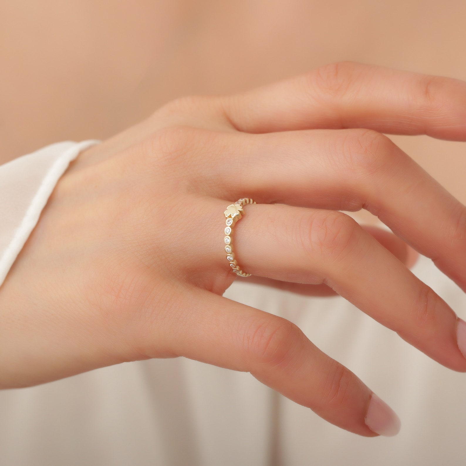 14k Solid Gold Tiny Flower Ring, Dainty Four Leaf Clover Ring With Zircon Stones, Minimalist ...