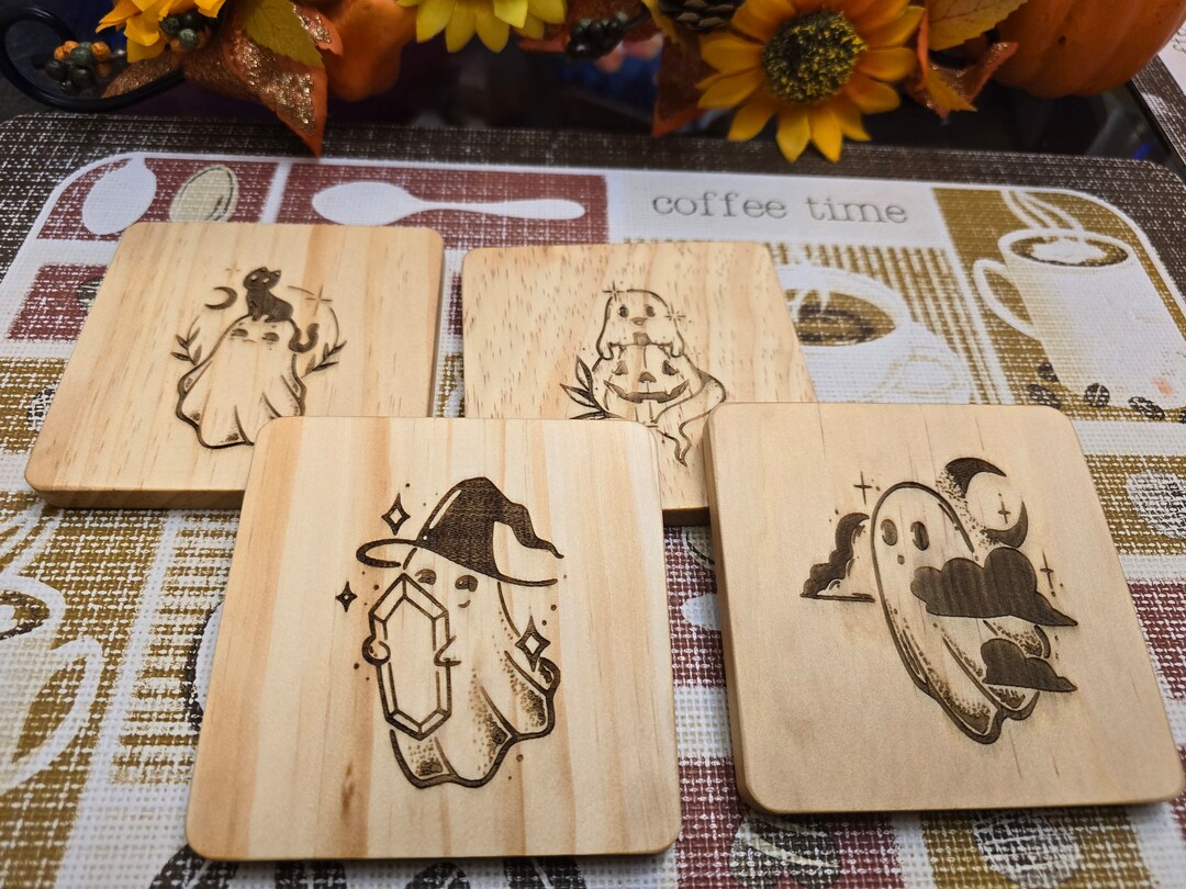Halloween Cute Ghost Wooden Coasters Set - Etsy