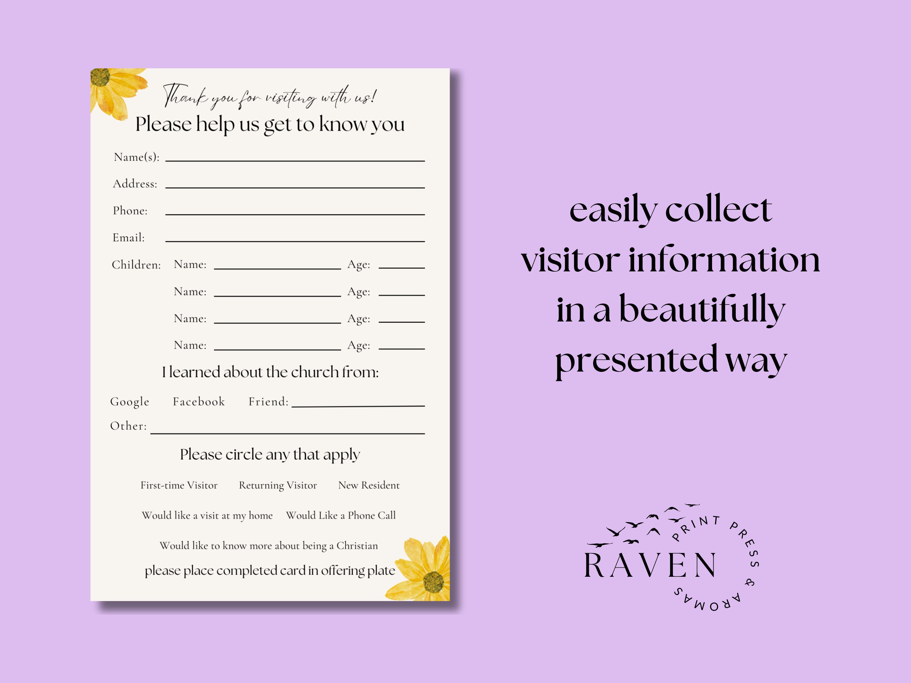 Church Visitor Welcome Card, Church Visitor Information Card, Bulk ...