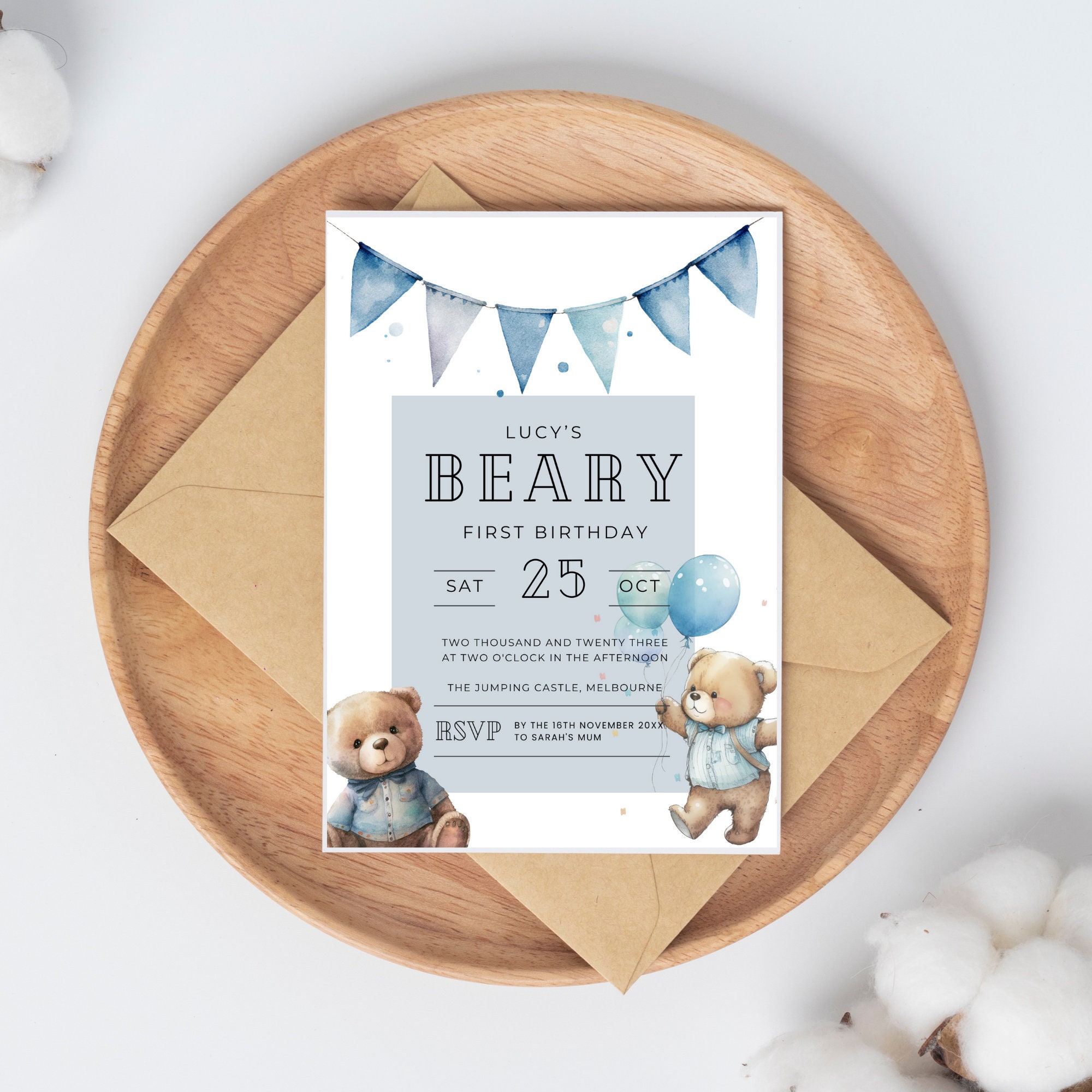Beary First Birthday Invitation Template for Canva - Etsy