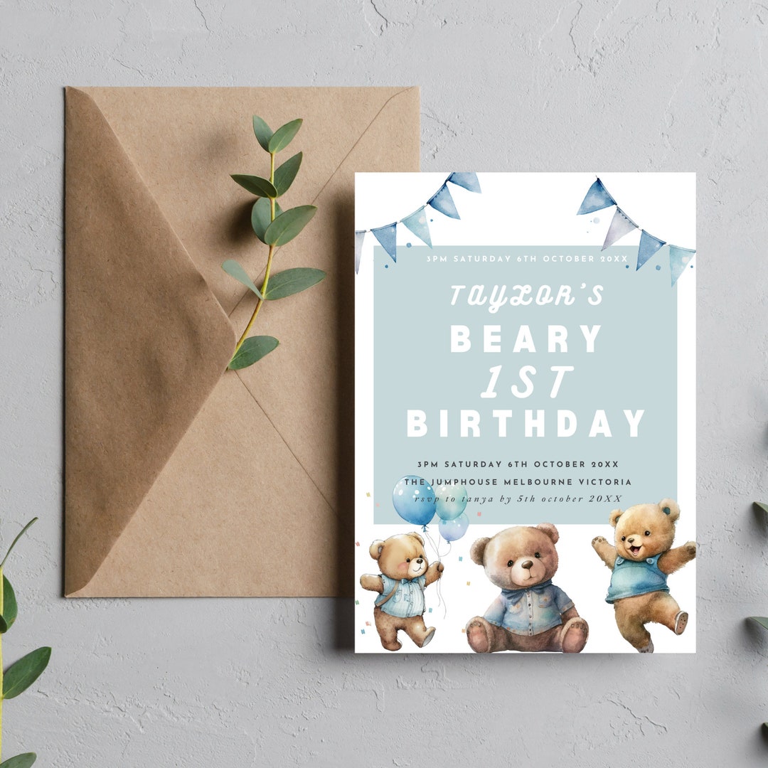 Beary First Birthday Customizable Invitation Template for Canva - Etsy Beary First Birthday Customizable Invitation Template for Canva - Etsy