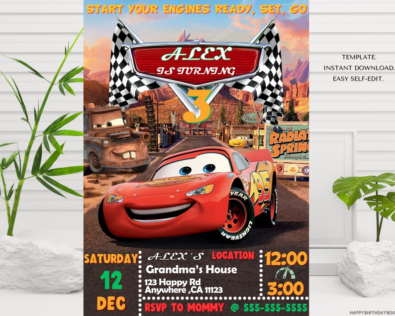 Cars Birthday Invitation Template, Lightning Mcqueen Party Birthday ...