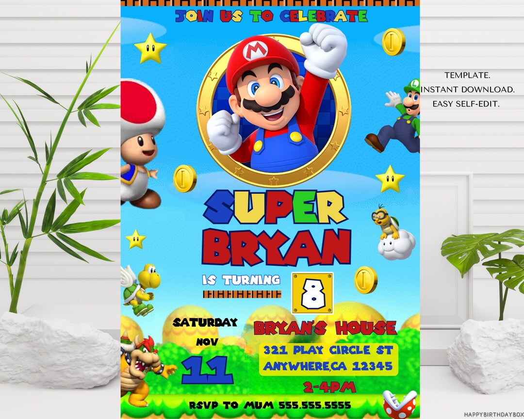 Mario Bros Invitation, Super Mario Birthday Invitation, Super Brothers ...