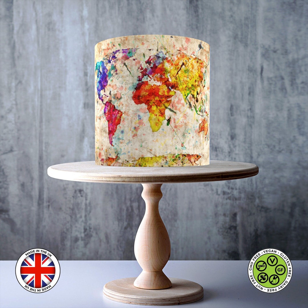 Watercolour Vintage World Map Wrap Around Edible Cake Topper, ICING ...