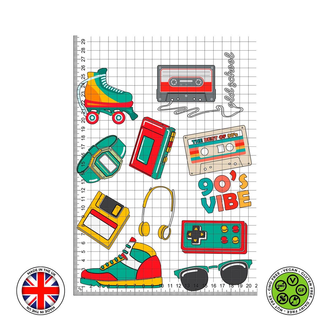90s VIBE Retro Edible Print, Cassette, Roller Skate, Watch, Floppy Disk ...