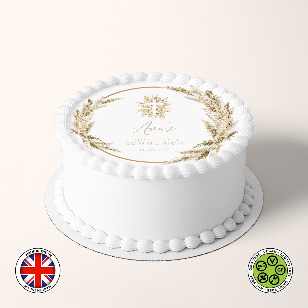 First Communion Edible Cake Topper – Personalised Pampas Grass Wreath 7 ...