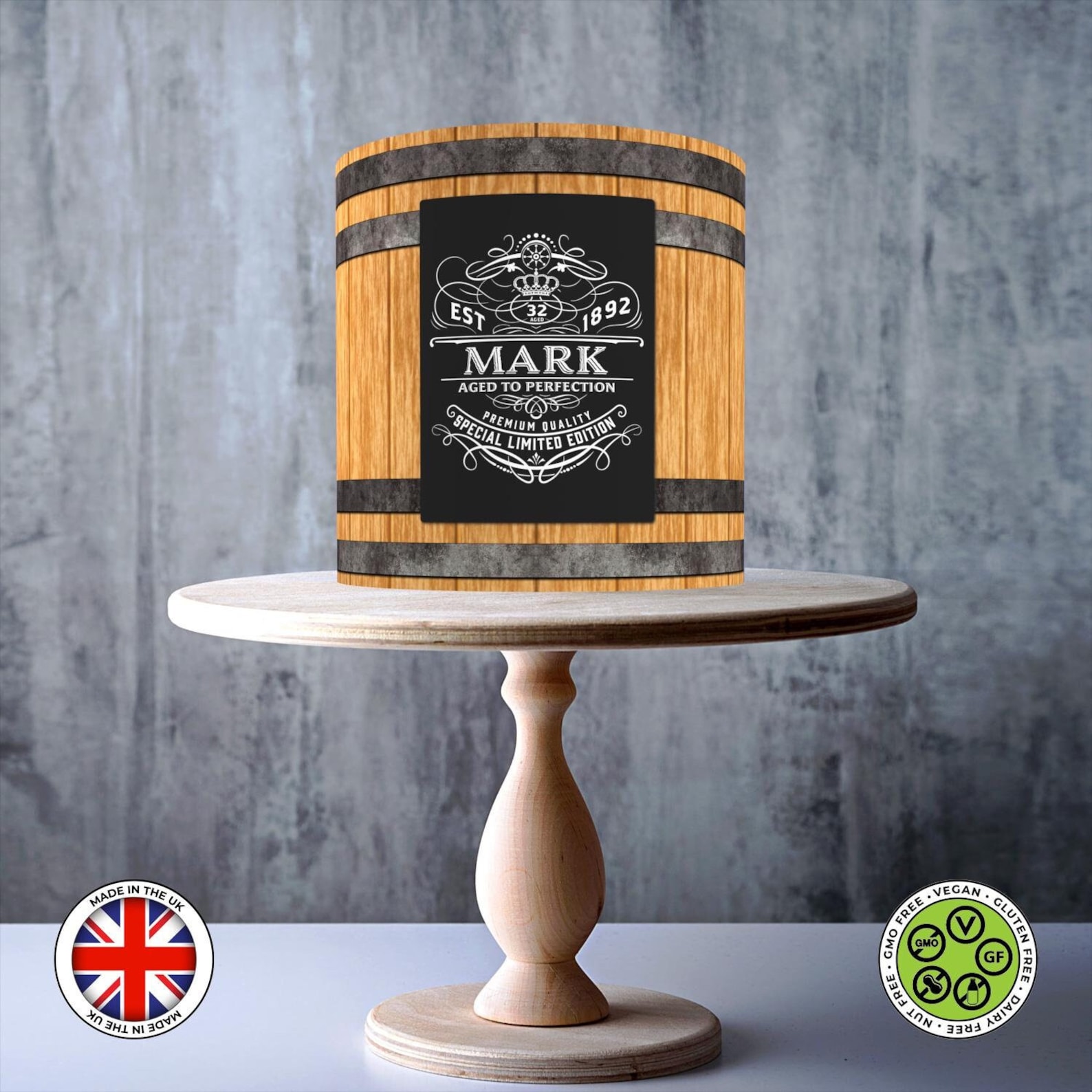 Whiskey Barrel Edible Cake Topper – Personalised Honey Wood Seamless ...