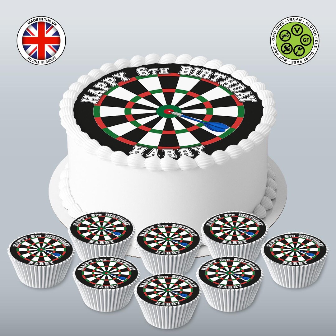 Dart Board Edible Cake Topper – Personalised Darts Design 7.5in Round ...