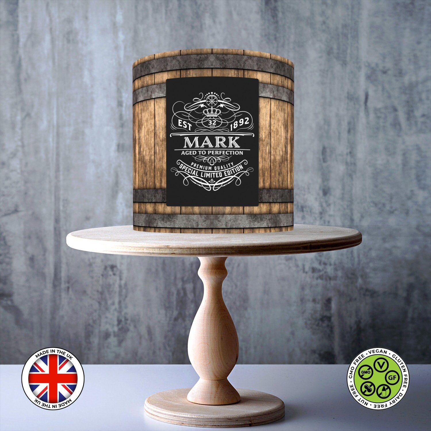 Dark Wood Whiskey Edible Cake Topper – Personalised Seamless Barrel ...
