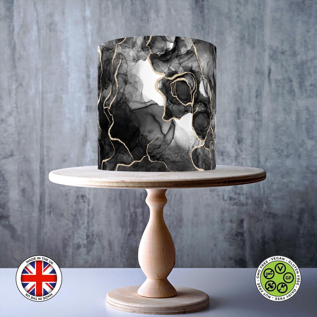 Black White Smoke Edible Cake Topper – Luxury Gold Vein Effect Wrap ...