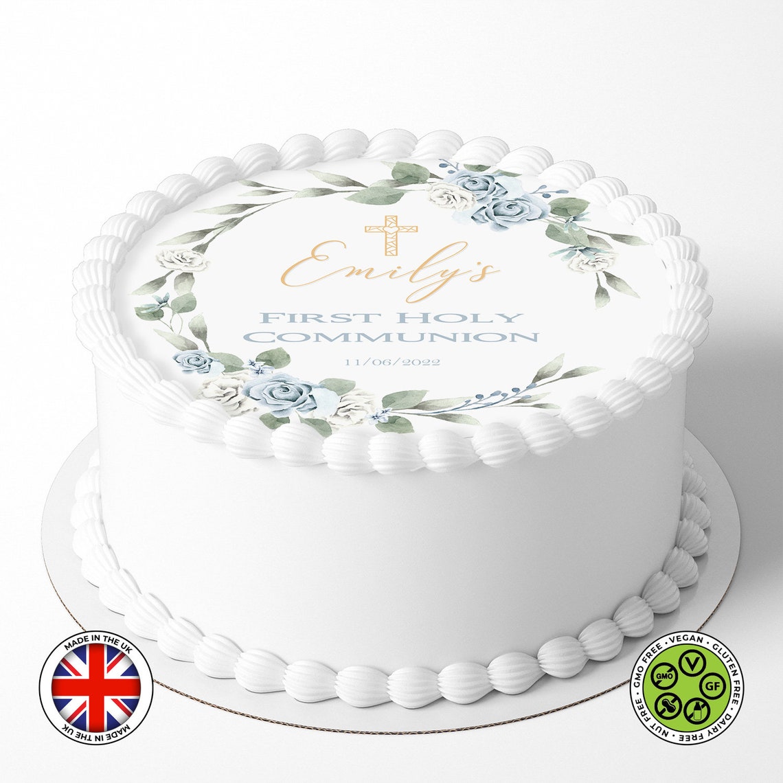 First Holy Communion Edible Cake Topper – Personalised Floral Wreath 7 ...