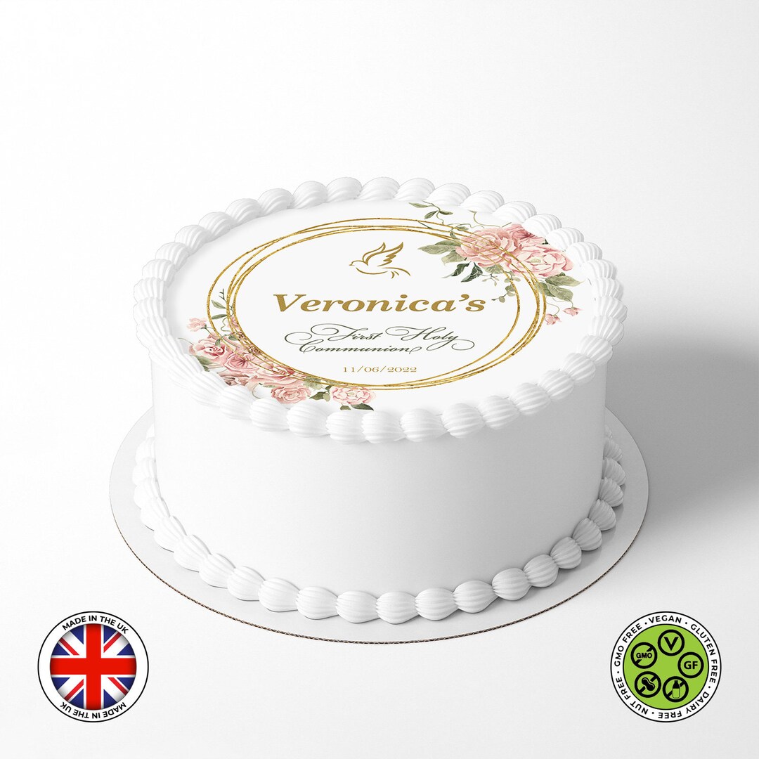 First Holy Communion Edible Cake Topper – Personalised Wreath 7.5in ...