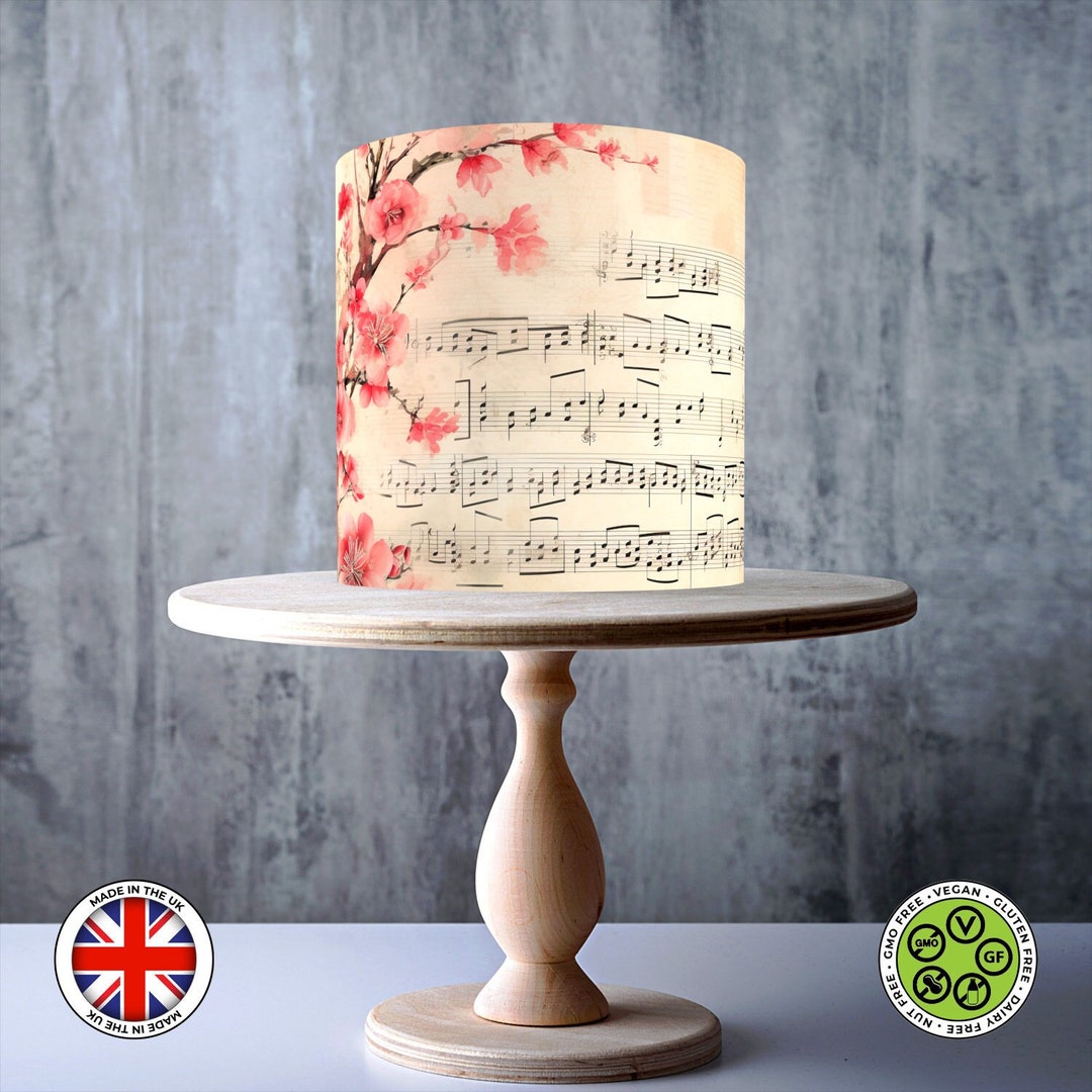Cherry Blossom Edible Cake Topper – Vintage Musical Notes Sheet Design ...