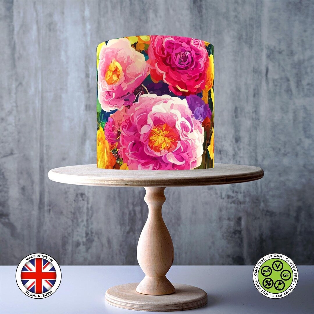 Vibrant Peonies Vivid Watercolour Floral Design Edible Wrap Around Cake ...