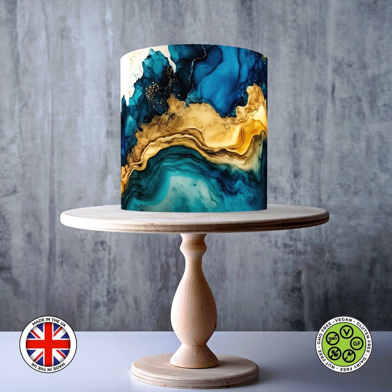 Navy Blue Sapphire Gold Edible Cake Topper – Alcohol Ink Marble Wrap ...